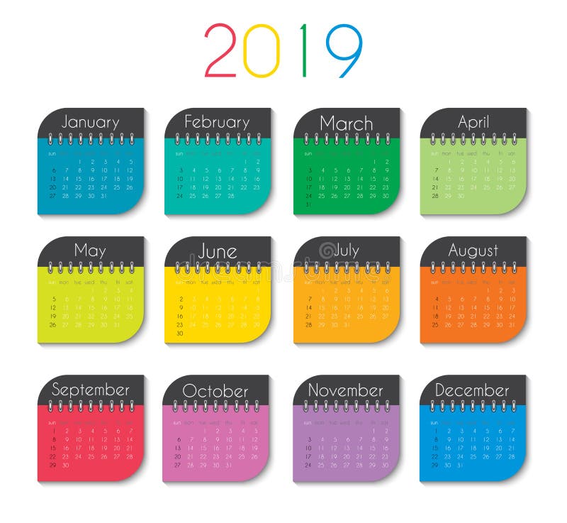 Colorful Year 2019 Calendar Template. Vector Illustration Stock Vector ...