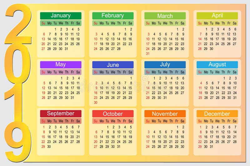 Colorful 2019 Year Planner Calendar Vector Design Stock Vector ...