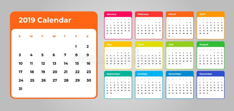 Colorful Year 2019 Calendar Vector Template. Vector Eps 10. Stock ...