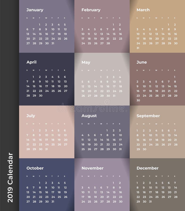 Colorful Year 2019 Calendar Vector Template. Vector Eps 10. Stock ...