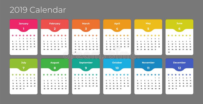 Colorful Year 2019 Calendar Vector Template. Vector Eps 10. Stock ...
