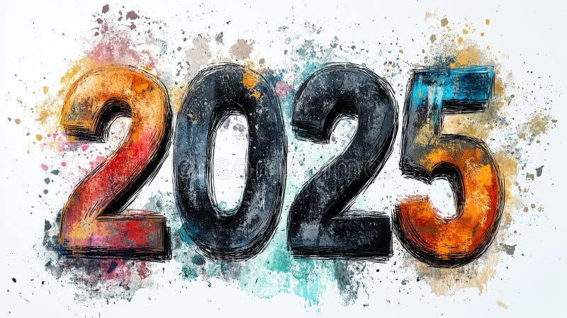 Colorful 2025 Year Number Design with Grunge and Watercolor Splash ...