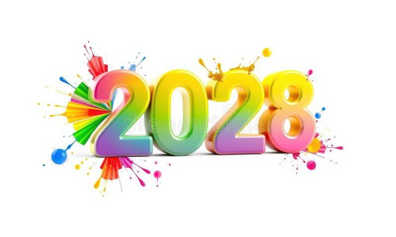 Colorful 2028 Year Text with Paint Splatters on White Background 1 ...
