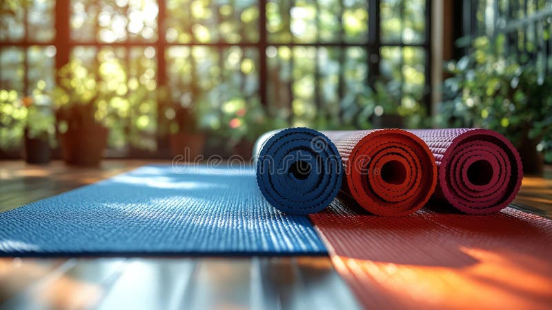 Colorful Yoga Mats Rolled Up in a Sunlit Studio with Greenery in the ...