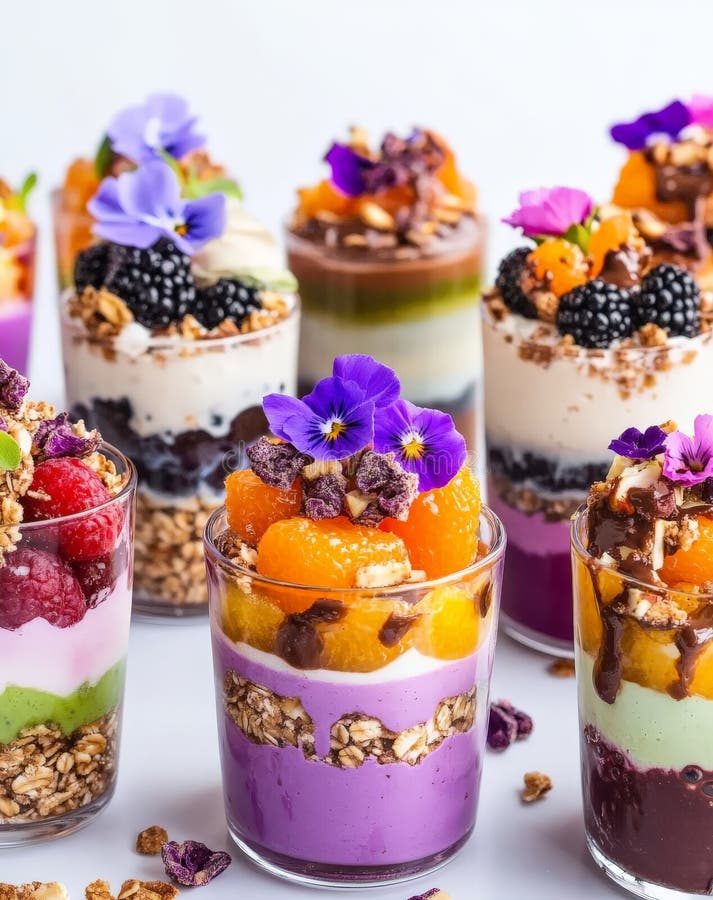 Colorful Yogurt Parfaits with Fresh Fruit and Edible Flowers Stock ...
