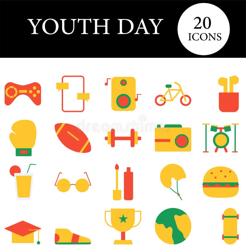 Colorful Youth Day Icon Set in Flat Stock Illustration - Illustration ...