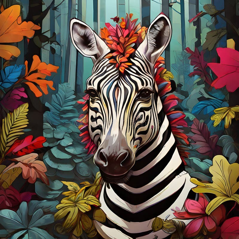 Colorful Zebra Head with Colorful Forest Theme Surrounded by a Trees ...