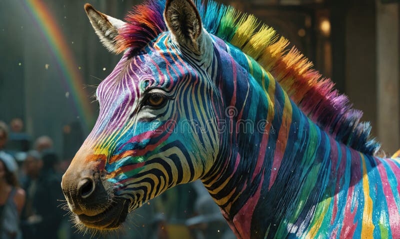 A Colorful Zebra Stands in Front of a Blurred Crowd, with a Rainbow in ...