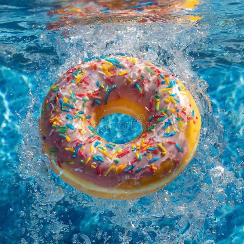 A Colorfull Donut Inflatable Circle Falling in the Pool. Under Clear ...
