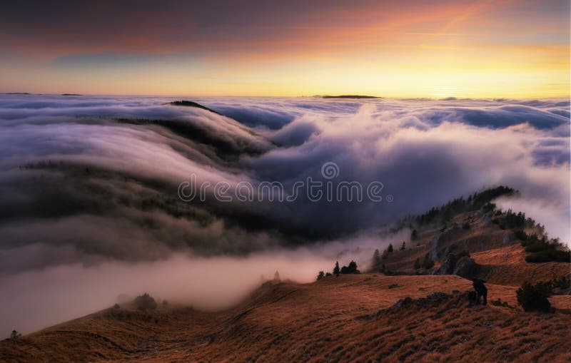 Colorfull Sunset Behind Mountain Peak Landscape Above Clouds - Panorama ...