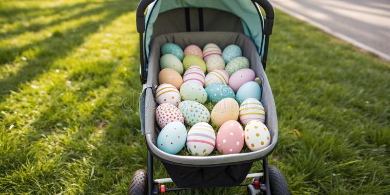 Colorfully Decorated Easter Eggs Arranged in a Stroller on a Sunny Day ...