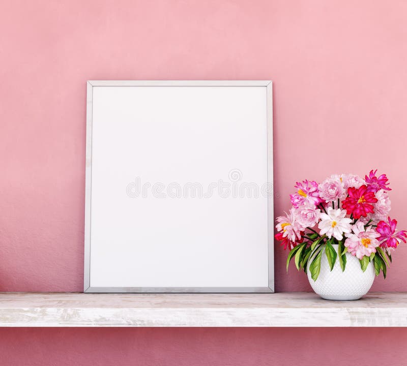 Colorfully Flowers with Empty White Picture Frame on Pink Wall ...
