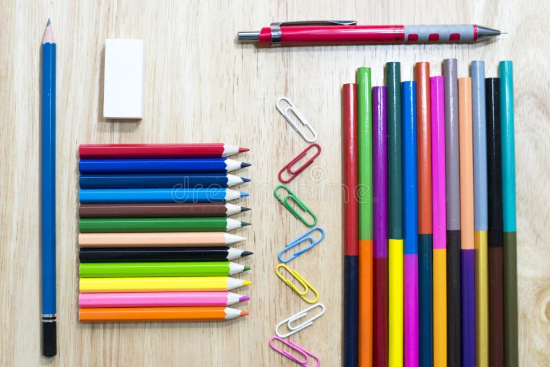 Colorfully Office and Art Stationery Objects on Wood Table Stock Image ...
