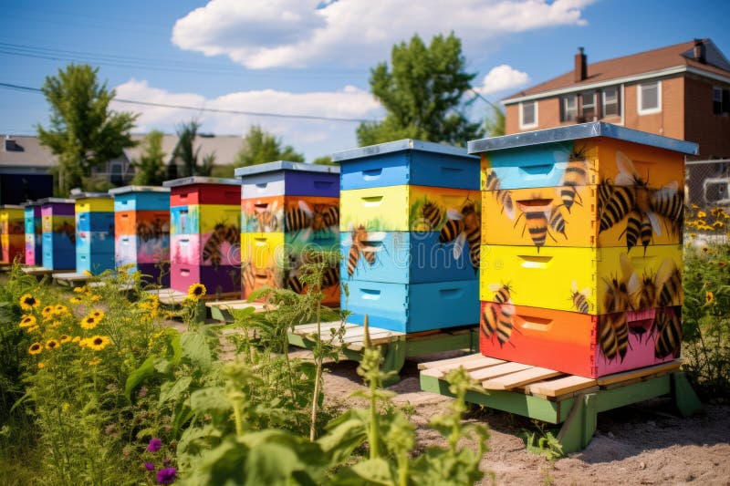Colorfully Painted Bee Hives in Community Garden Stock Photo - Image of ...