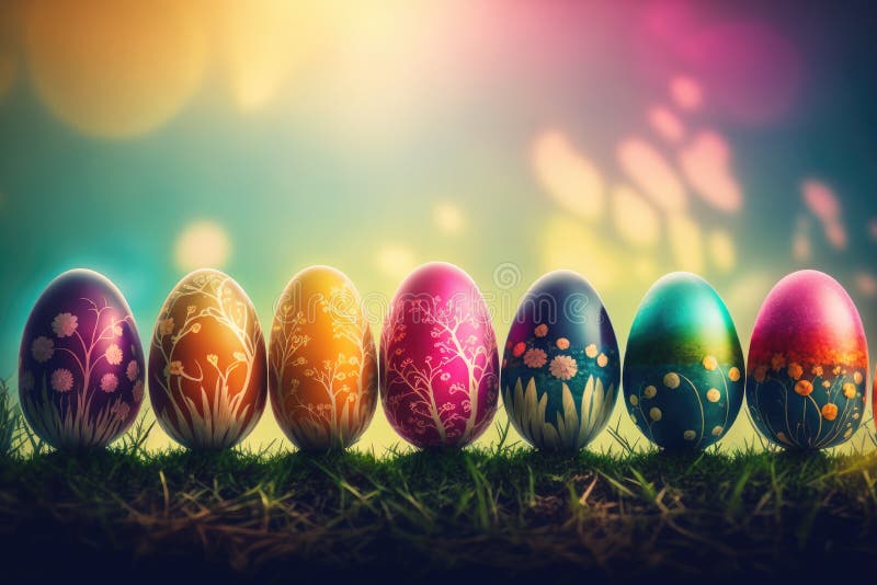 Colorfully Painted Row of Easter Eggs Sitting on the Grass Stock ...