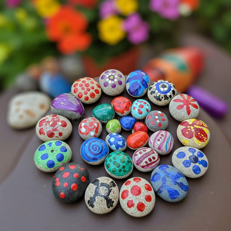 Colorfully Painted Stones Arranged on a Surface, Featuring Various ...