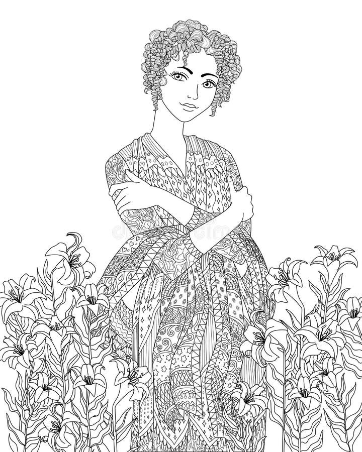 Coloring Book for Adults with Beautiful Lady Stock Vector ...