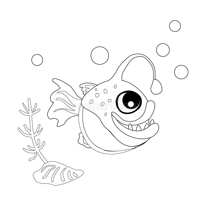 Coloring Book Angler Fish with Shells, Bubbles and Algae in the Ocean ...