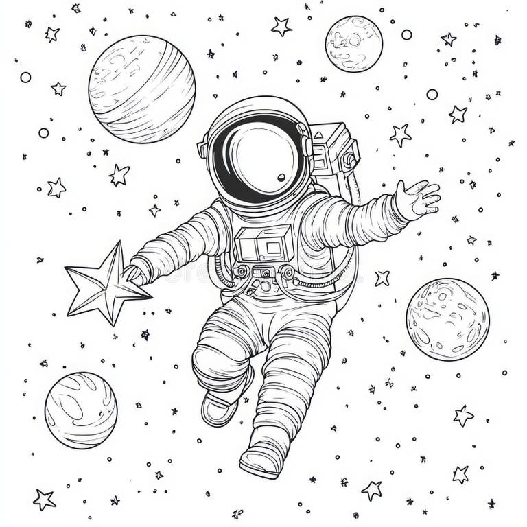 Coloring Book with an Astronaut, Planets and Outer Space. Outline ...