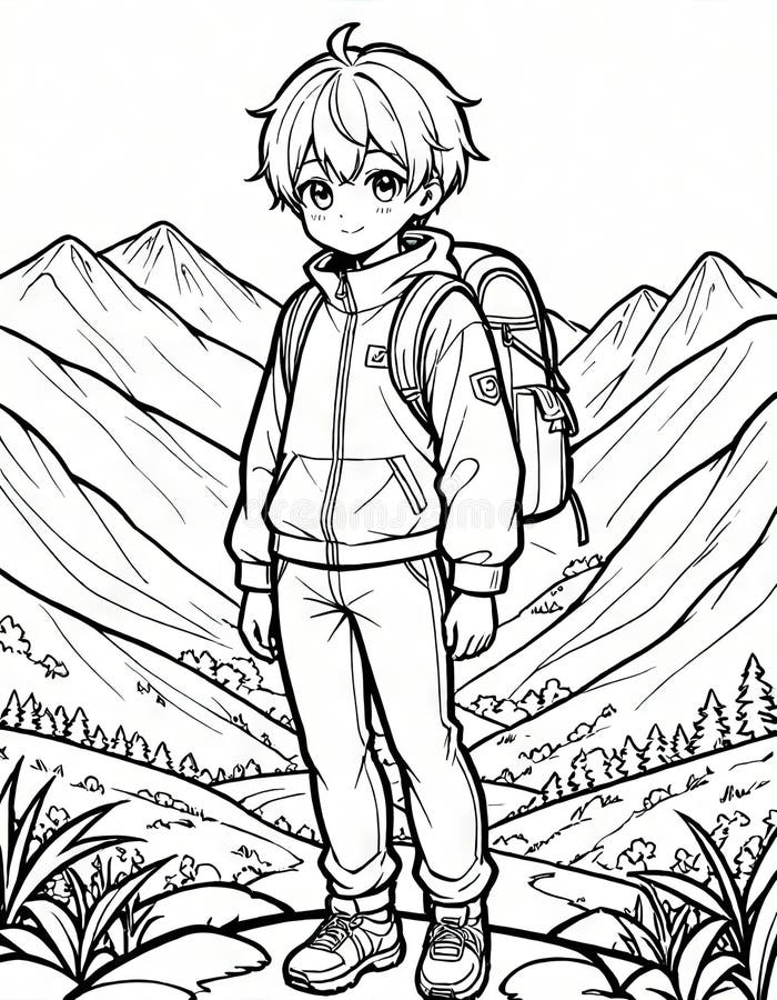 Coloring Book: Boy Exploring Mountain Terrain, Generated by AI Stock ...