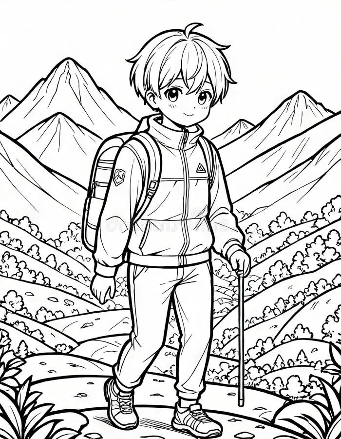 Coloring Book: Boy Exploring Mountain Terrain, Generated by AI Stock ...