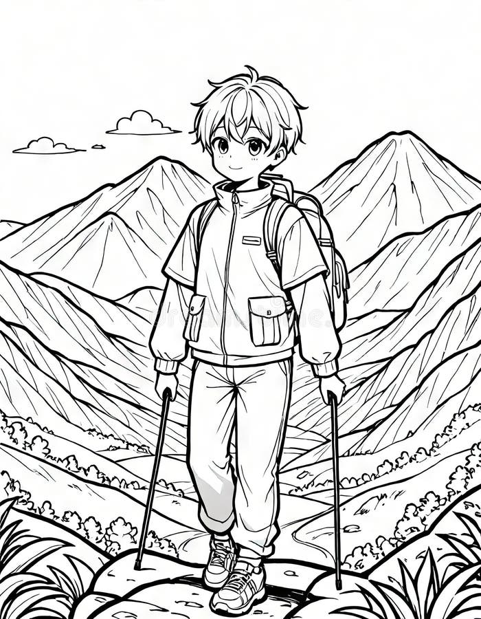 Coloring Book: Boy Exploring Mountain Terrain, Generated by AI Stock ...