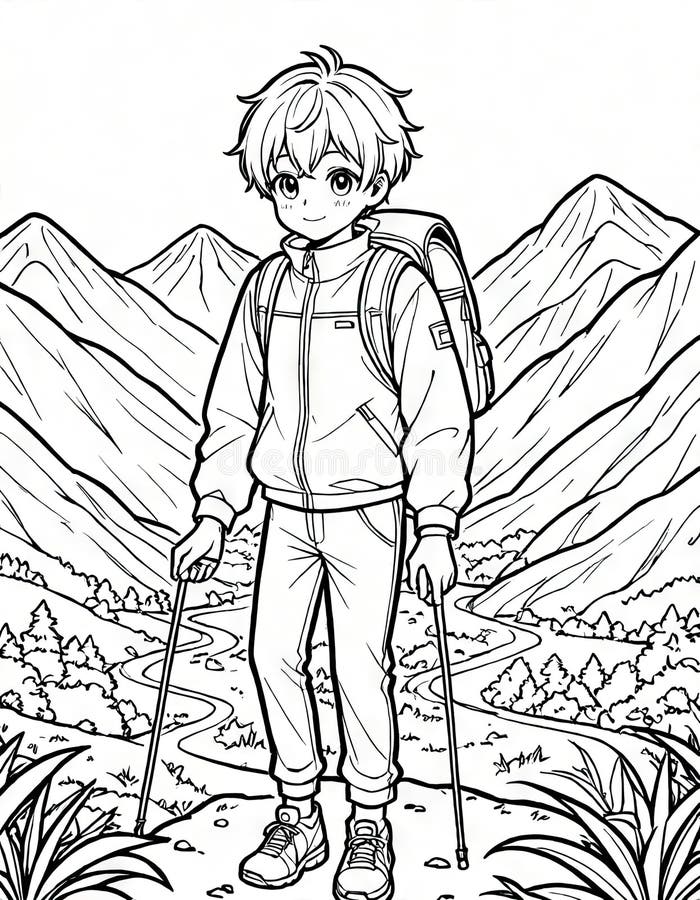 Coloring Book: Boy Exploring Mountain Terrain, Generated by AI Stock ...
