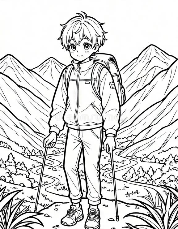 Coloring Book: Boy Exploring Mountain Terrain, Generated by AI Stock ...
