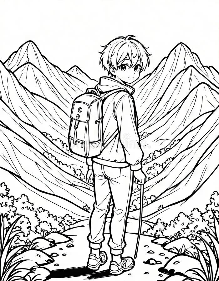 Coloring Book: Boy Exploring Mountain Terrain, Generated by AI Stock ...