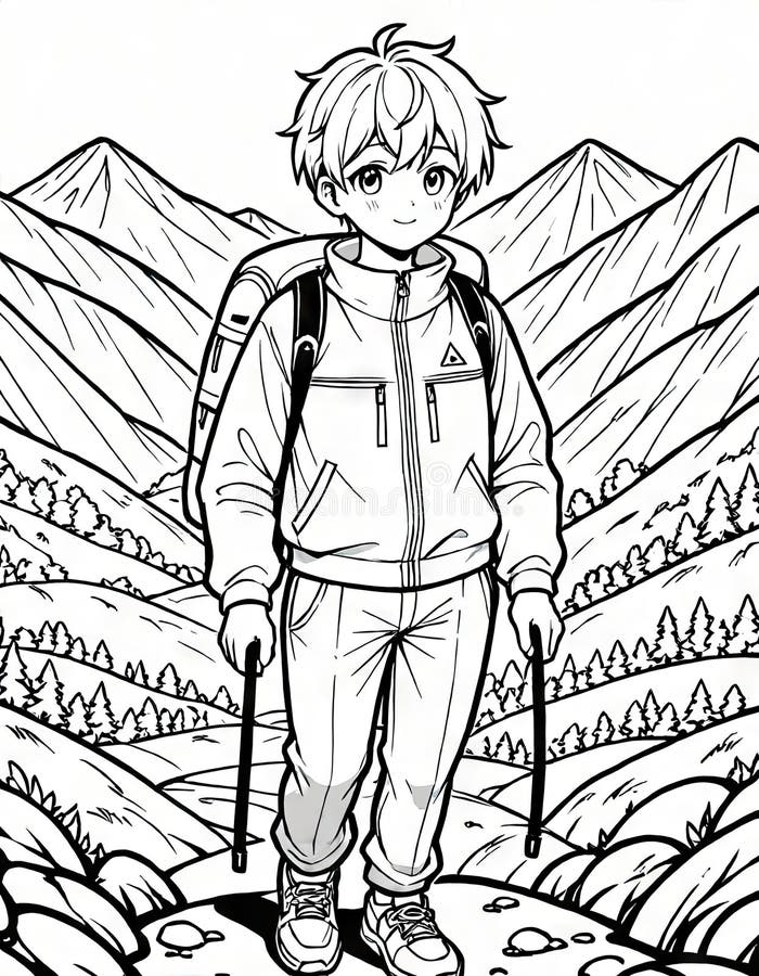 Coloring Book: Boy Exploring Mountain Terrain, Generated by AI Stock ...
