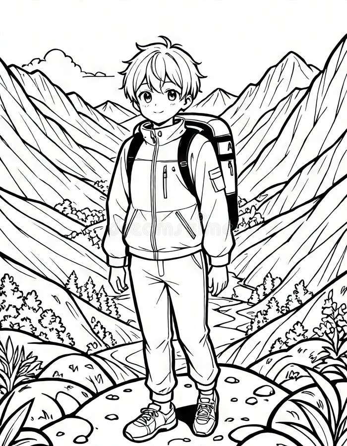 Coloring Book: Boy Exploring Mountain Terrain, Generated by AI Stock ...