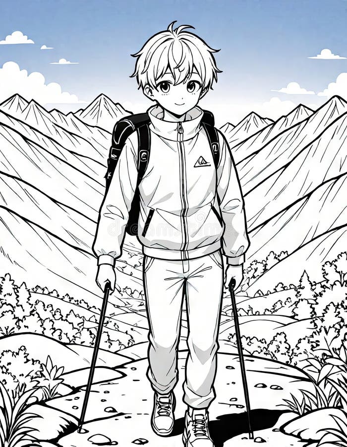 Coloring Book: Boy Exploring Mountain Terrain, Generated by AI Stock ...