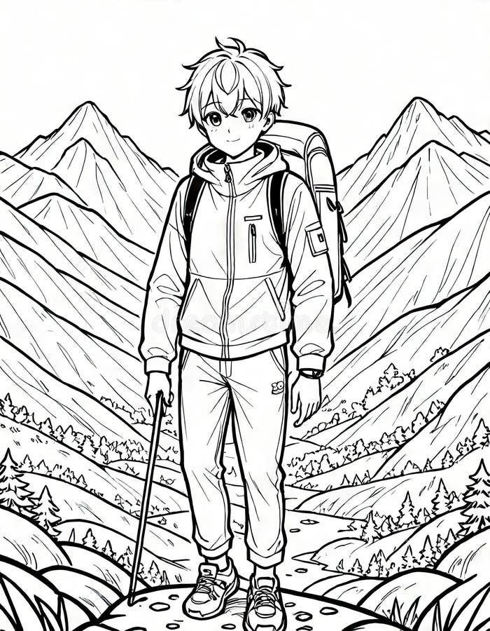 Coloring Book: Boy Exploring Mountain Terrain, Generated by AI Stock ...