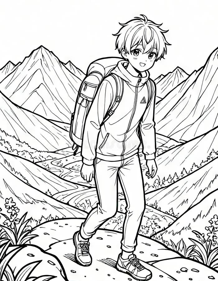 Coloring Book: Boy Exploring Mountain Terrain, Generated by AI Stock ...