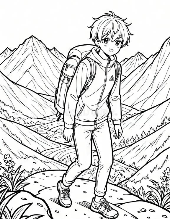 Coloring Book: Boy Exploring Mountain Terrain, Generated by AI Stock ...