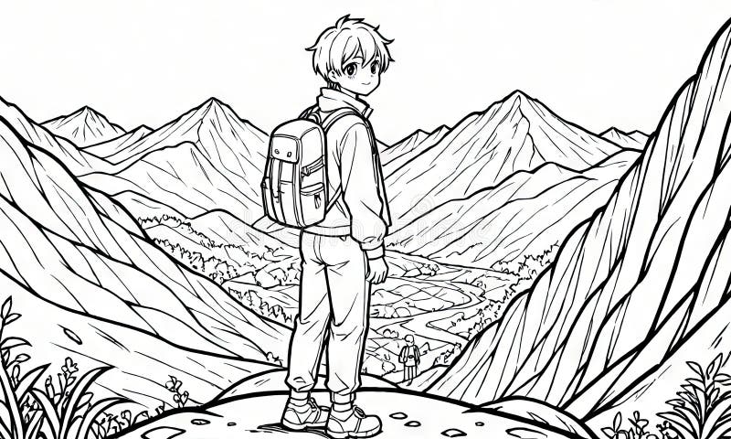 Coloring Book: Boy Exploring Mountain Terrain, Generated by AI Stock ...