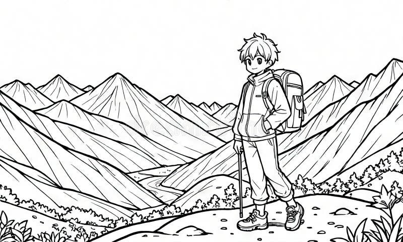 Coloring Book: Boy Exploring Mountain Terrain, Generated by AI Stock ...