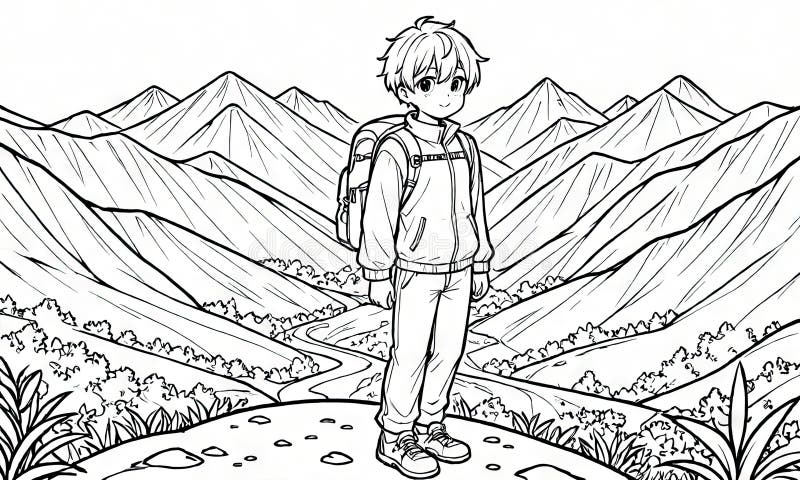 Coloring Book: Boy Exploring Mountain Terrain, Generated by AI Stock ...