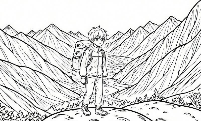 Coloring Book: Boy Exploring Mountain Terrain, Generated by AI Stock ...