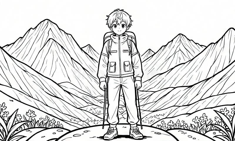 Coloring Book: Boy Exploring Mountain Terrain, Generated by AI Stock ...