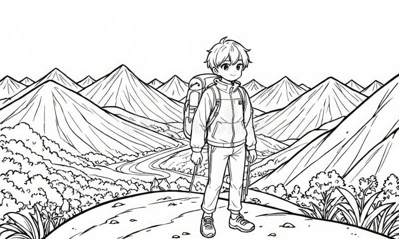 Coloring Book: Boy Exploring Mountain Terrain, Generated by AI Stock ...