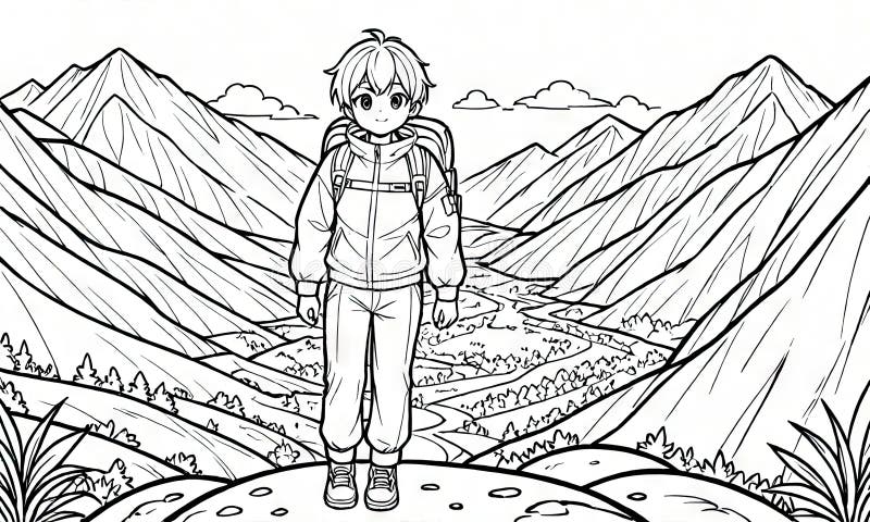 Coloring Book: Boy Exploring Mountain Terrain, Generated by AI Stock ...