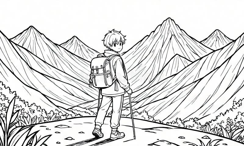 Coloring Book: Boy Exploring Mountain Terrain, Generated by AI Stock ...