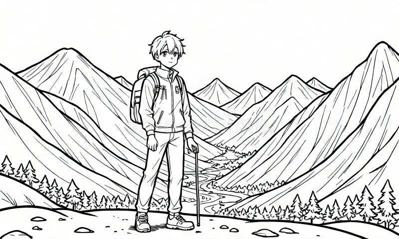 Coloring Book: Boy Exploring Mountain Terrain, Generated by AI Stock ...
