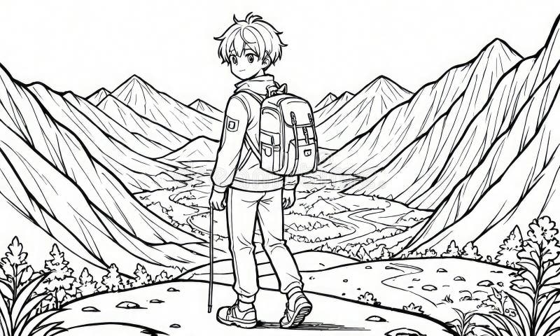Coloring Book: Boy Exploring Mountain Terrain, Generated by AI Stock ...