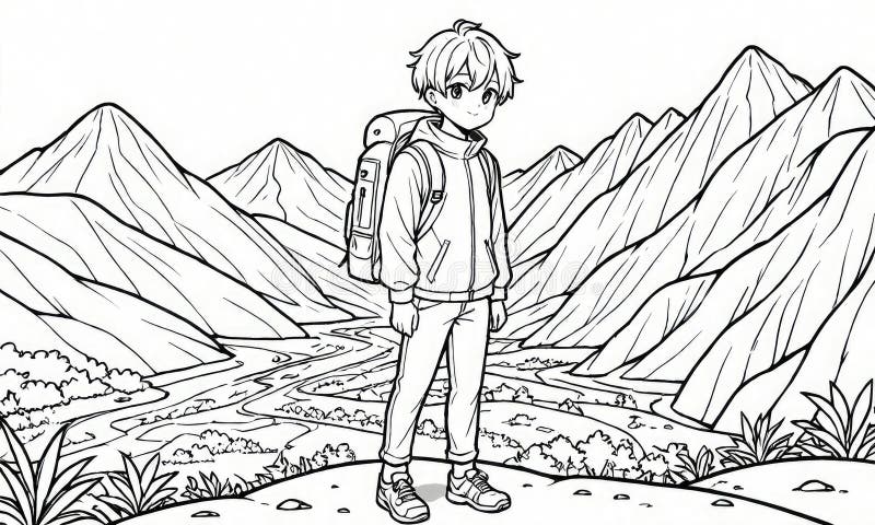 Coloring Book: Boy Exploring Mountain Terrain, Generated by AI Stock ...