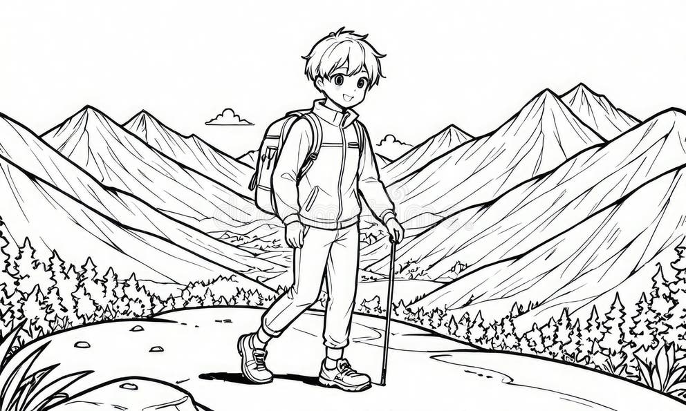 Coloring Book: Boy Exploring Mountain Terrain, Generated by AI Stock ...