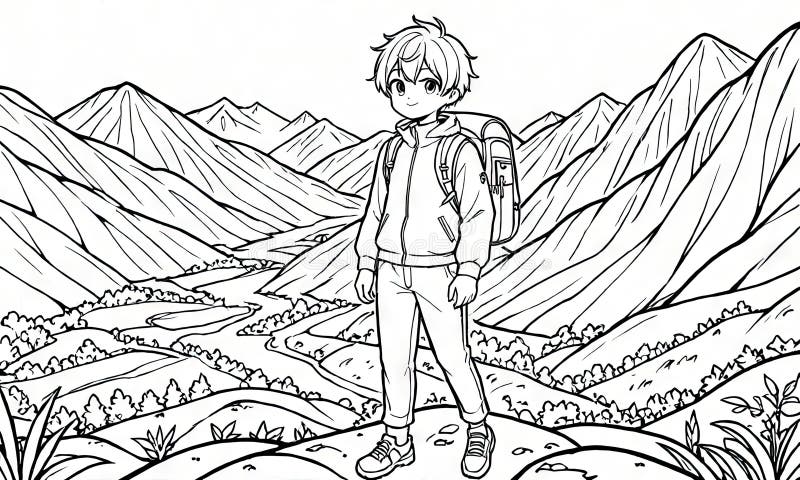 Coloring Book: Boy Exploring Mountain Terrain, Generated by AI Stock ...