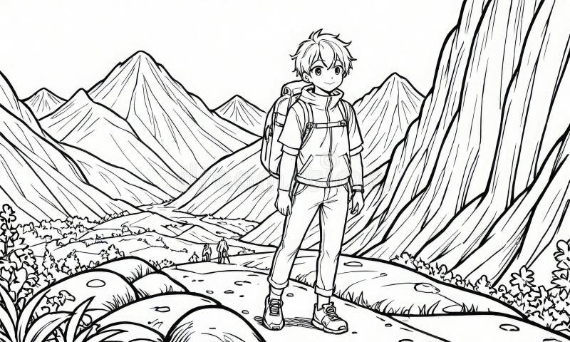 Coloring Book: Boy Exploring Mountain Terrain, Generated by AI Stock ...
