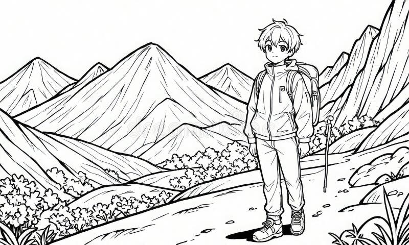 Coloring Book: Boy Exploring Mountain Terrain, Generated by AI Stock ...